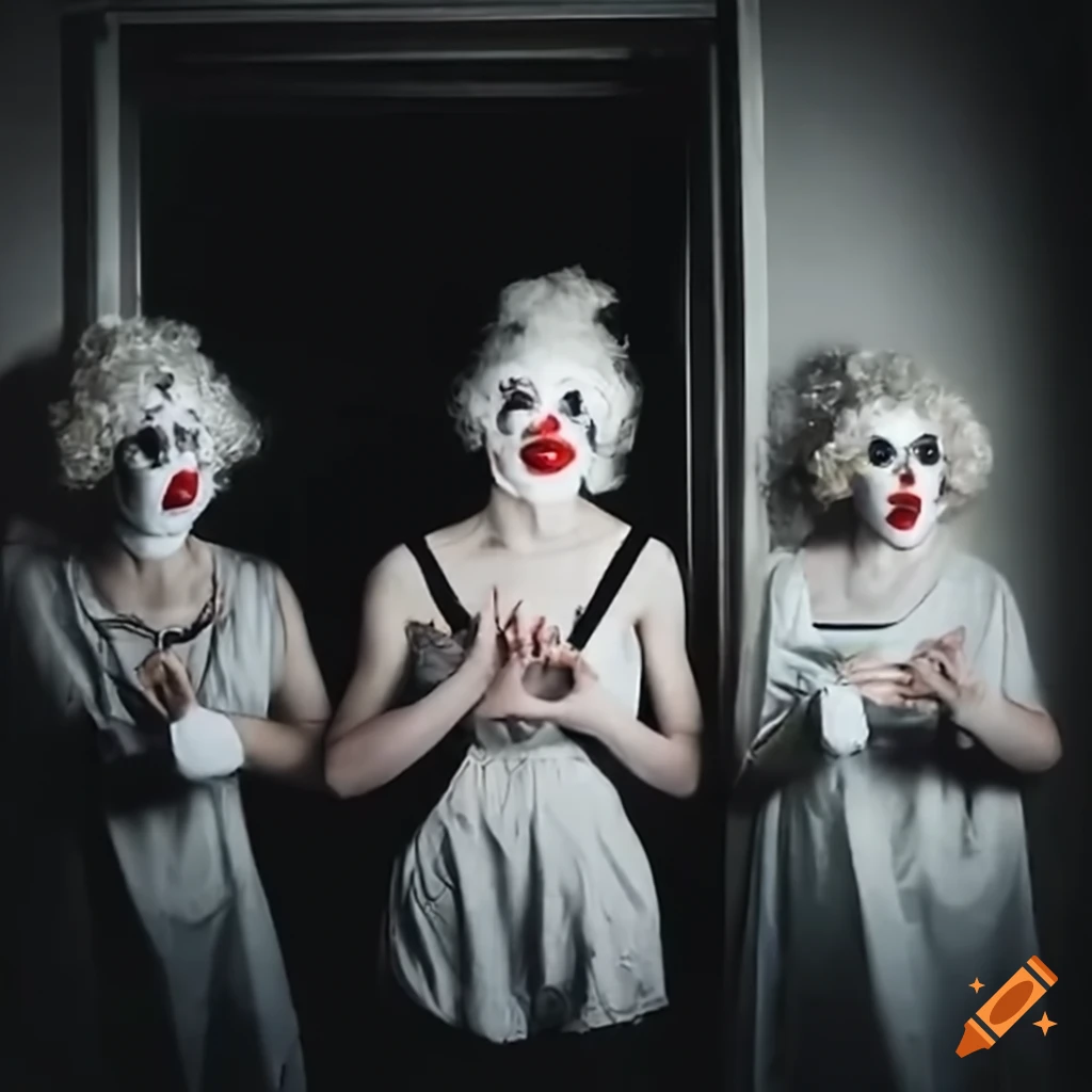 Three pale clowns with hands stuck in window blinds on Craiyon