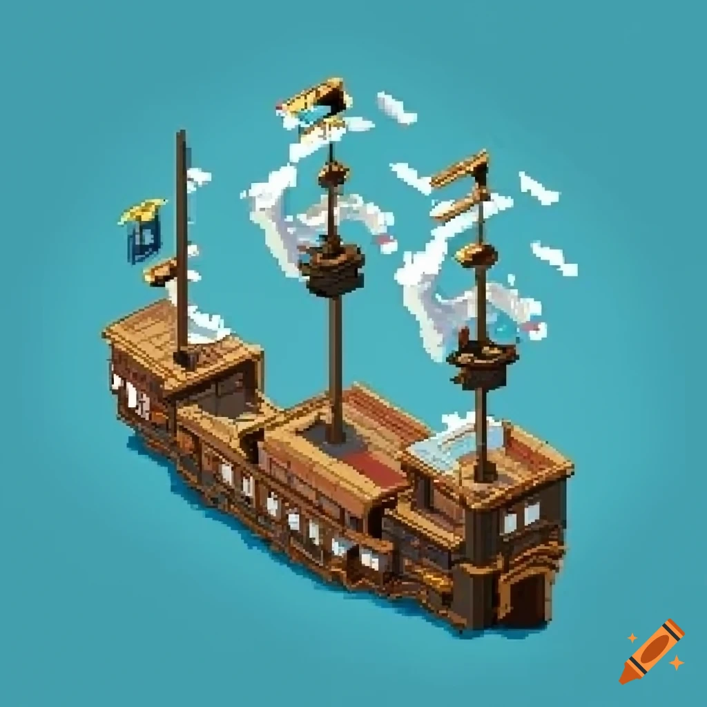 Isometric pixel art of a large empty pirate ship topdeck on the ocean ...
