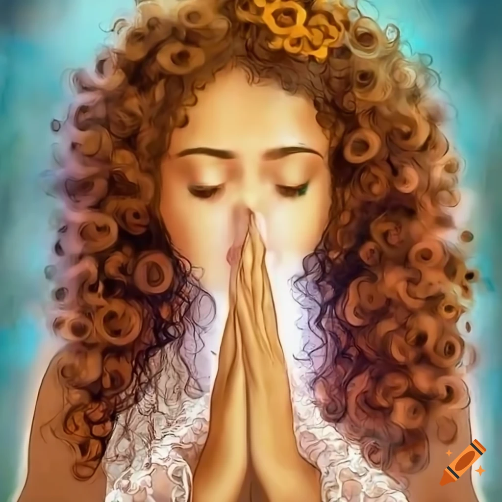 Spanish woman with curly brown hair and brown eyes praying while ...