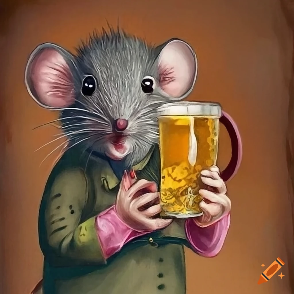Adorable mouse holding a beer in a village scene by Josef Lada on Craiyon