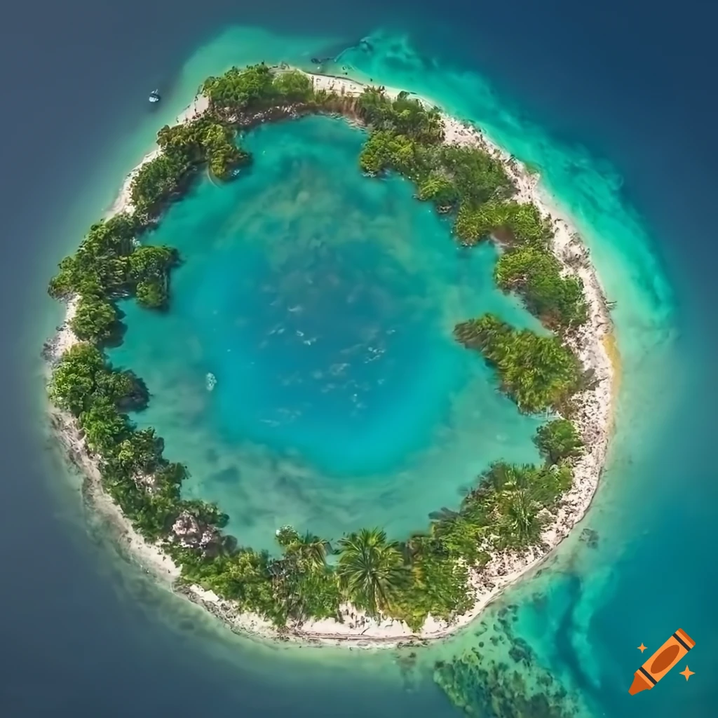 Overhead view of a circular island with palm trees, forests, and a ...