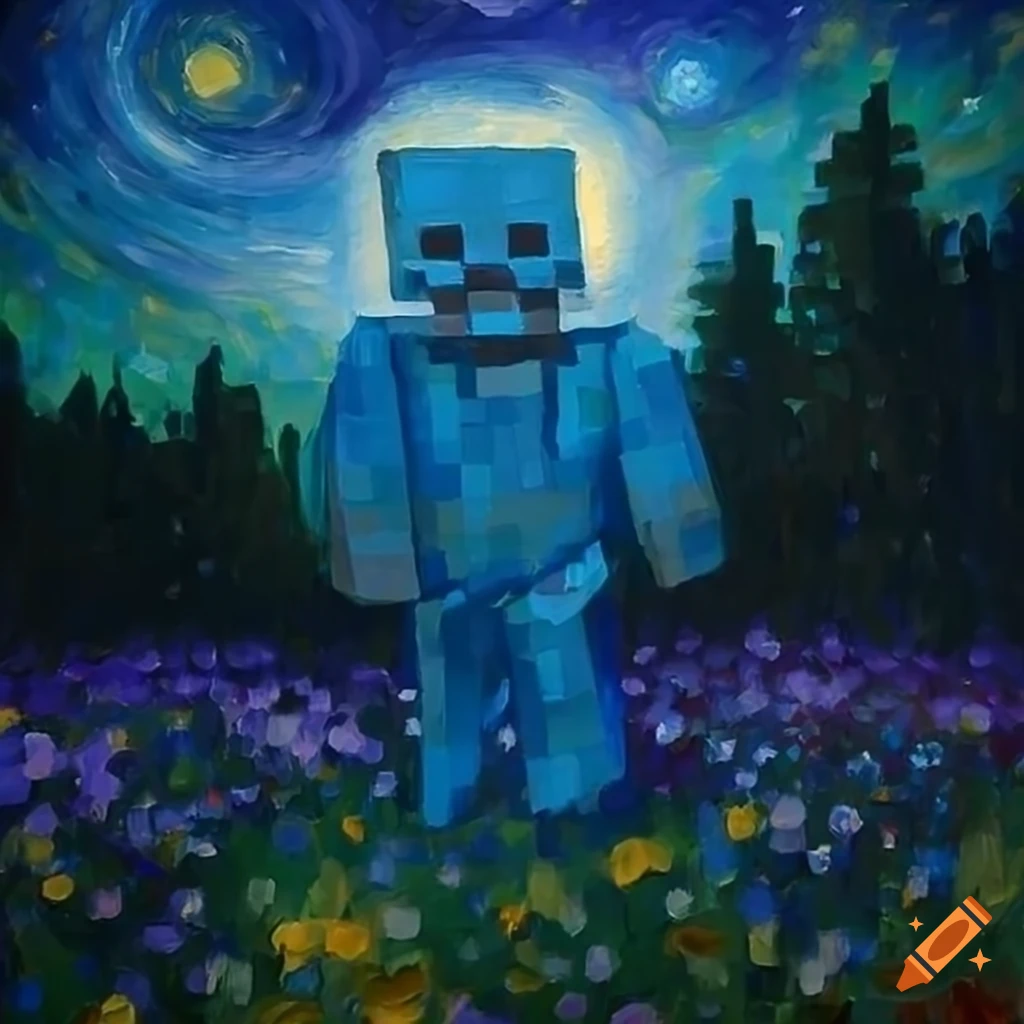 Blue Minecraft skeleton with a sweater in a starry flower field on Craiyon