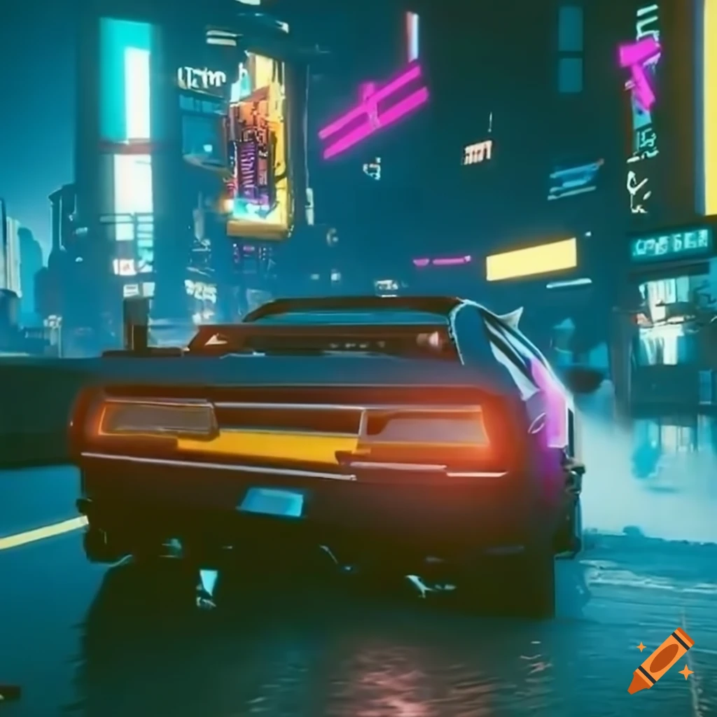 Screenshot of cyberpunk 2077 game featuring driving a car on Craiyon