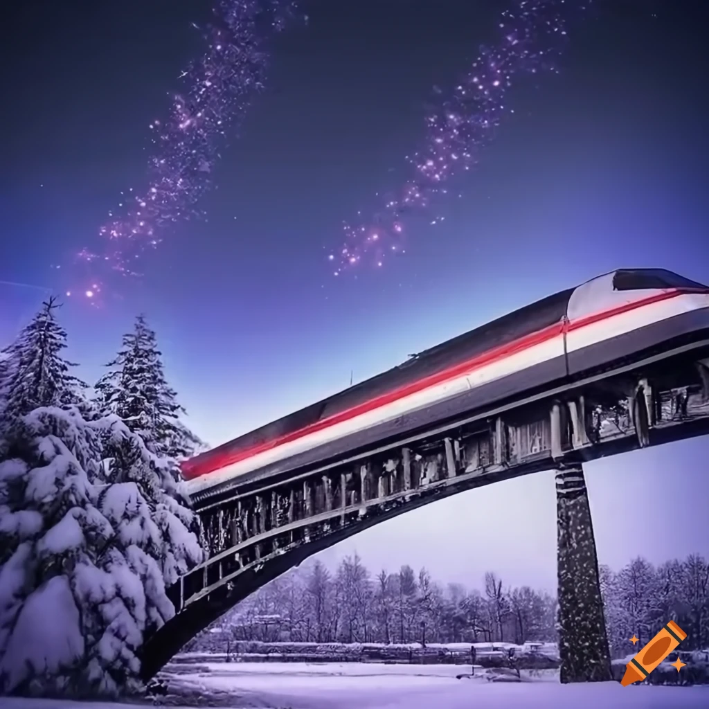Snowy landscape with TGV train on bridge in winter wonderland on Craiyon