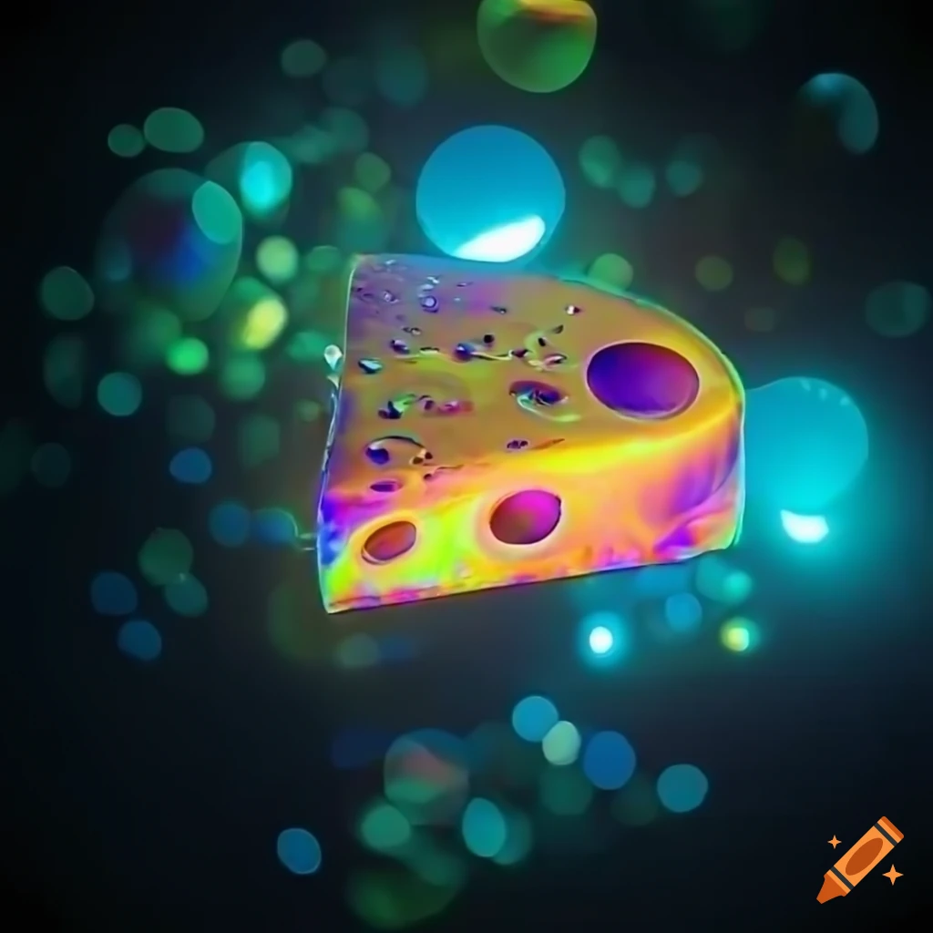 3D render of psychedelic cheese with iridescent oil slick effects on ...