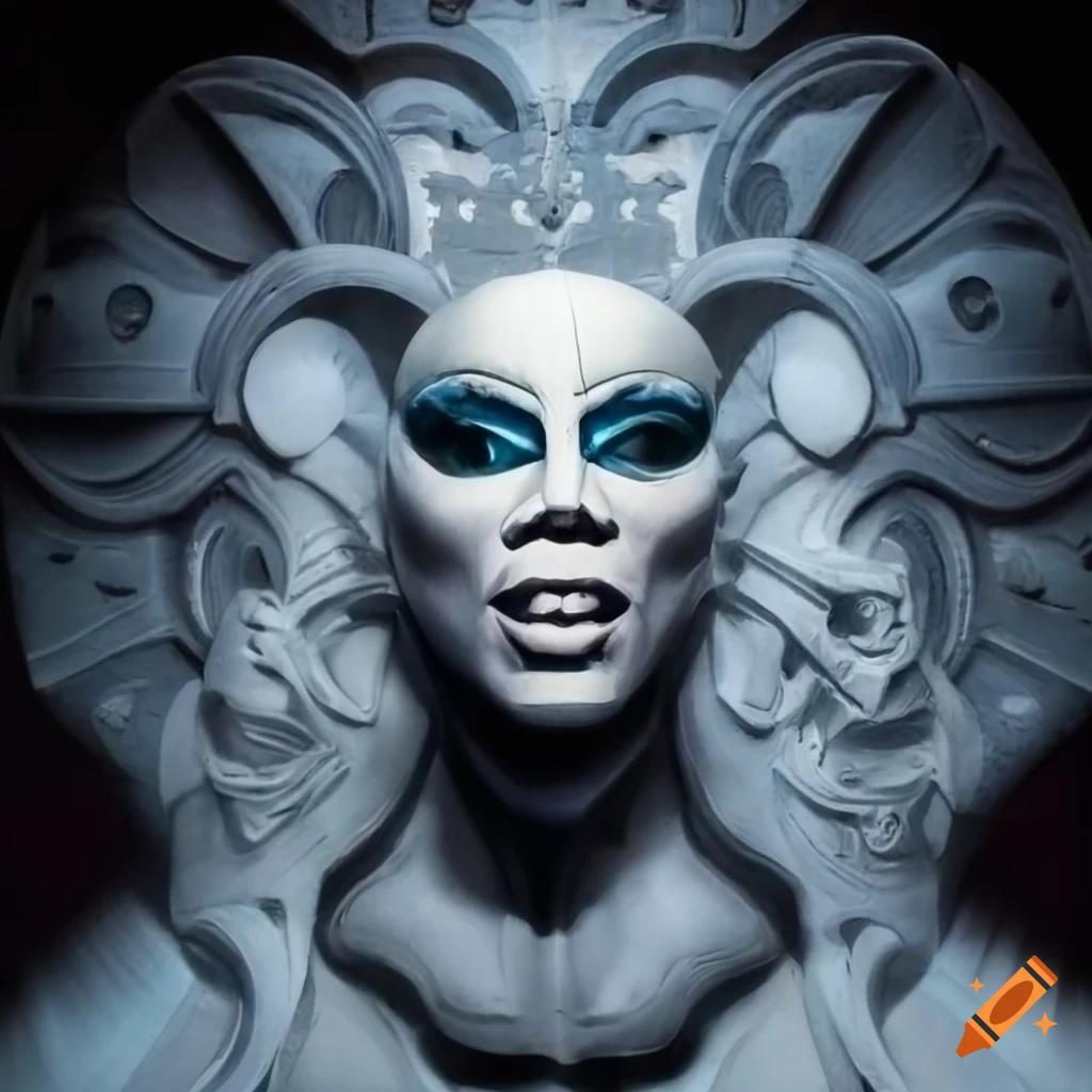 Antique-style stone bust of Rupaul with science-fiction headdress on ...