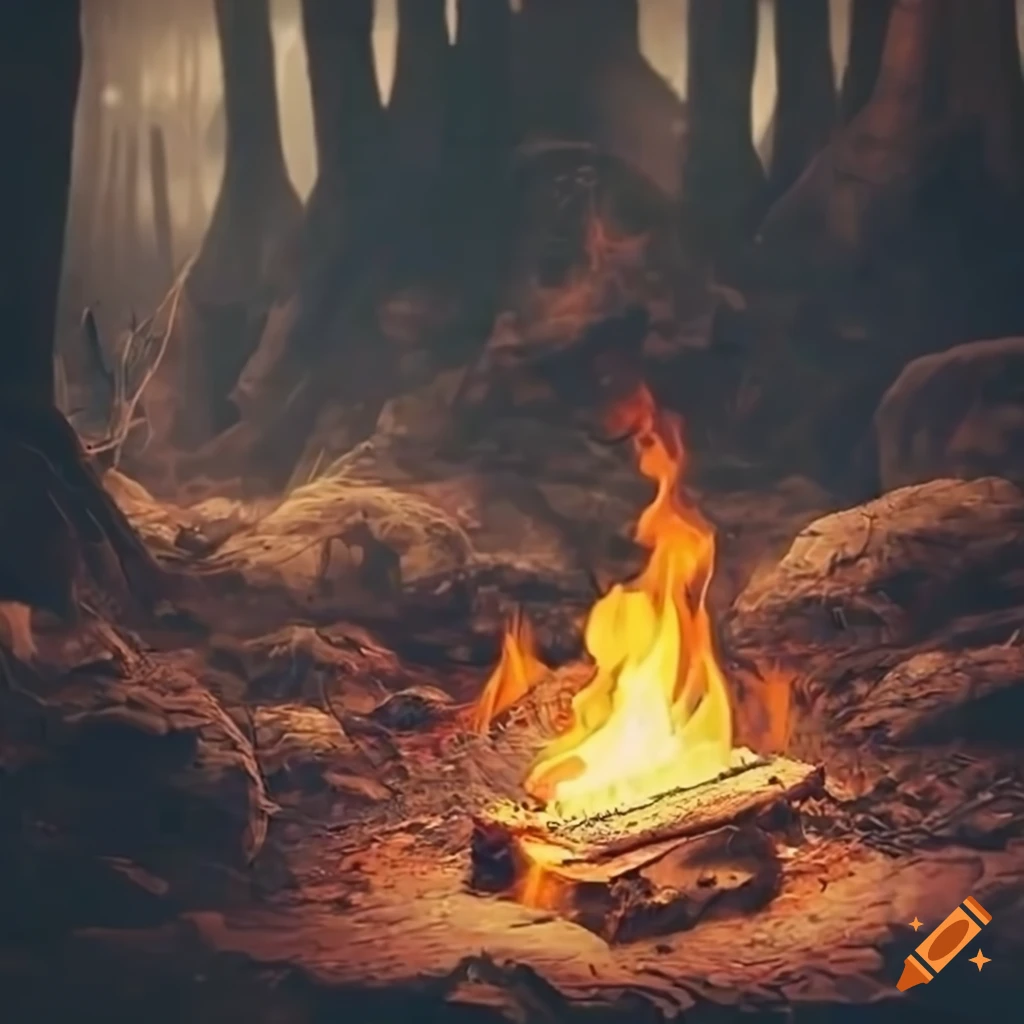 Small camp fire in an epic medieval RPG fantasy forest landscape on Craiyon
