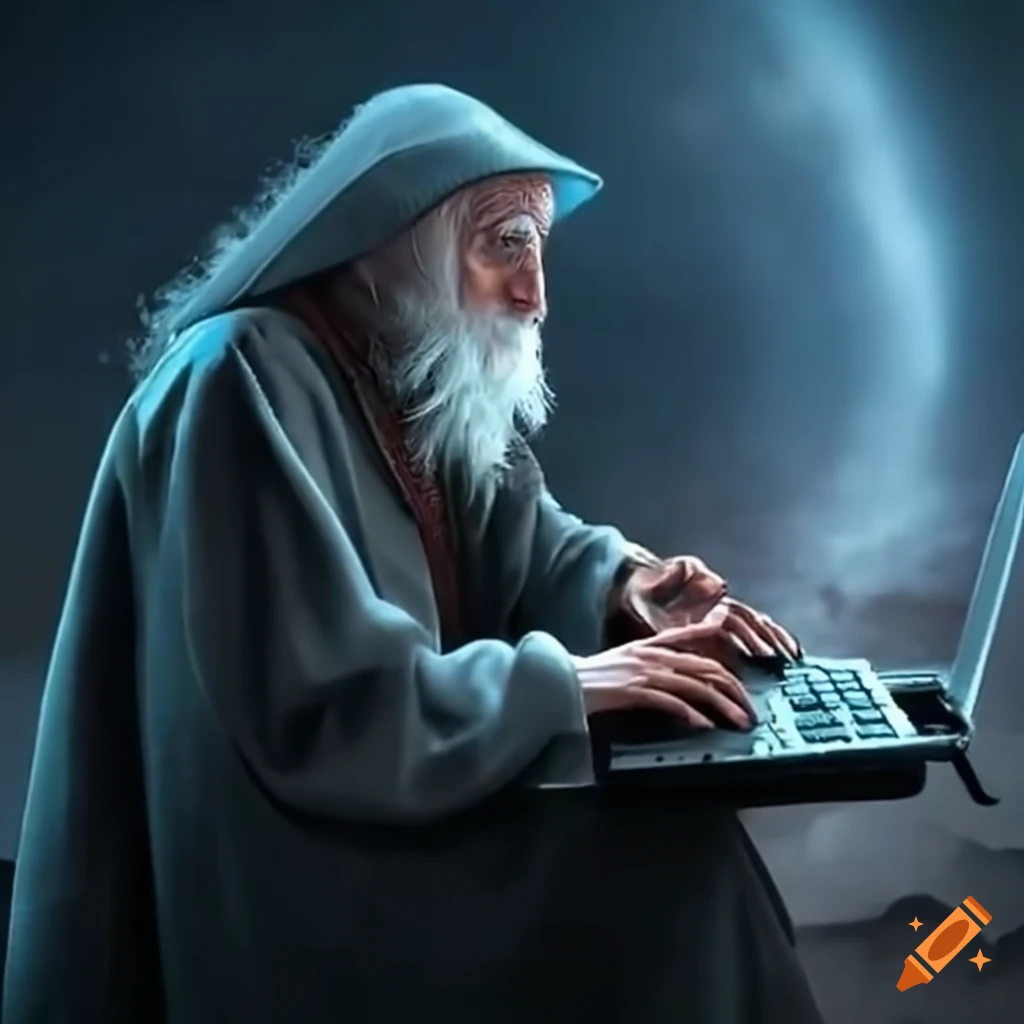 Wizard using a laptop computer on Craiyon