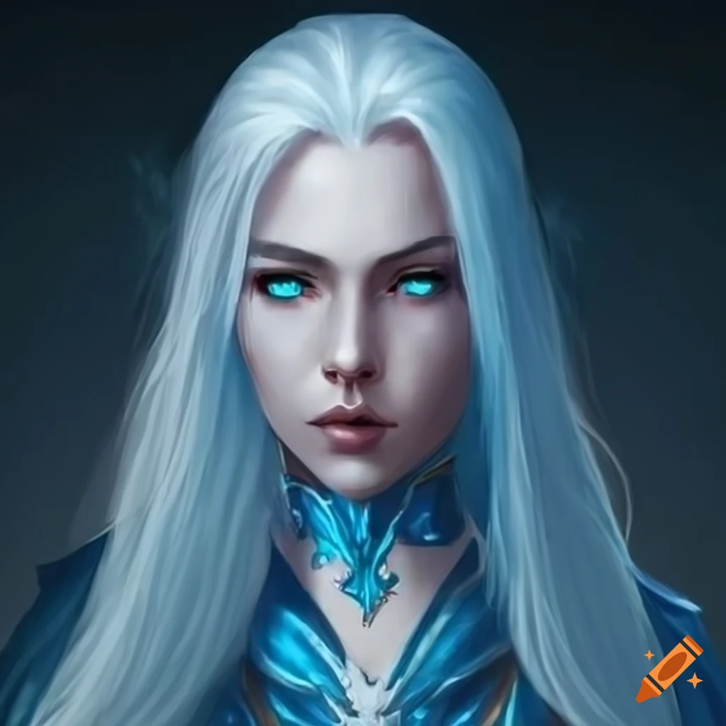 Detailed fantasy woman with blue skin, white hair, and robes on Craiyon