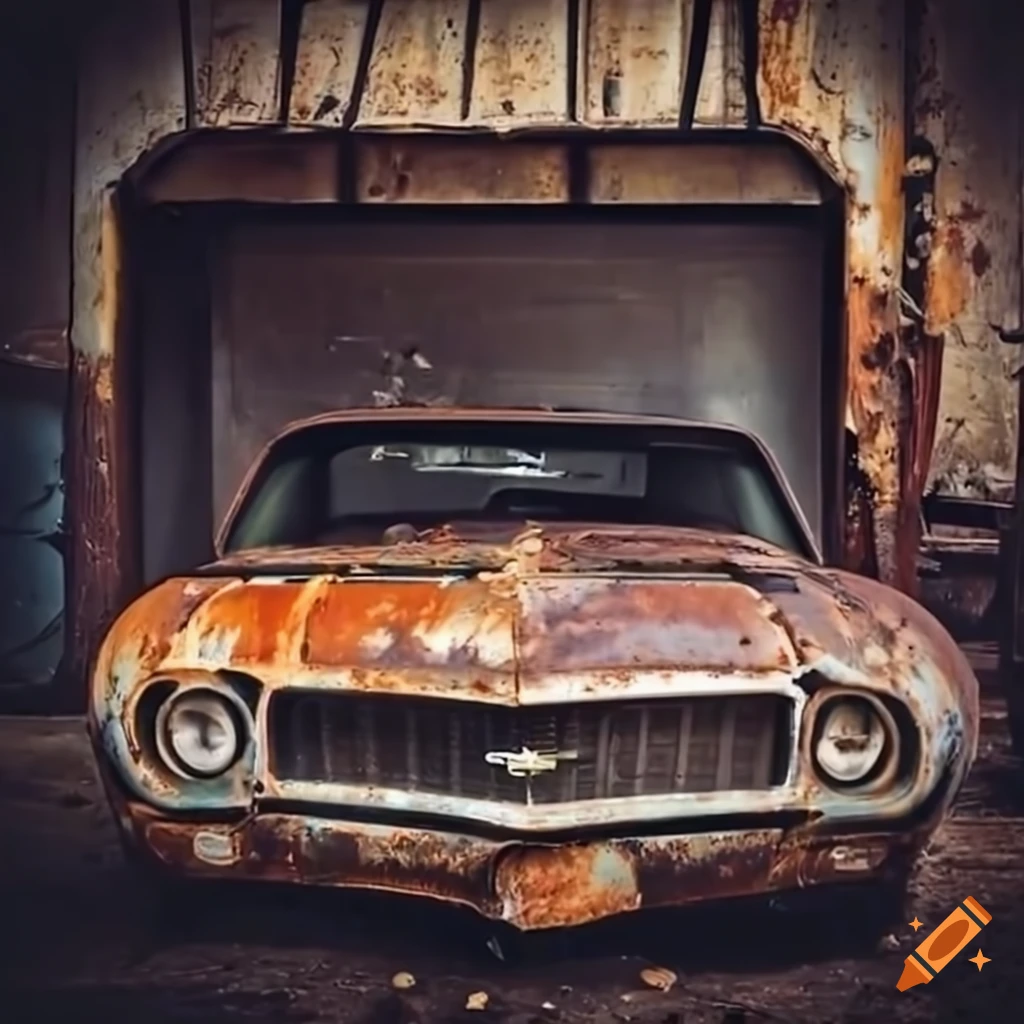 Old and rusty chevrolet camaro el camino in a dirty garage on Craiyon