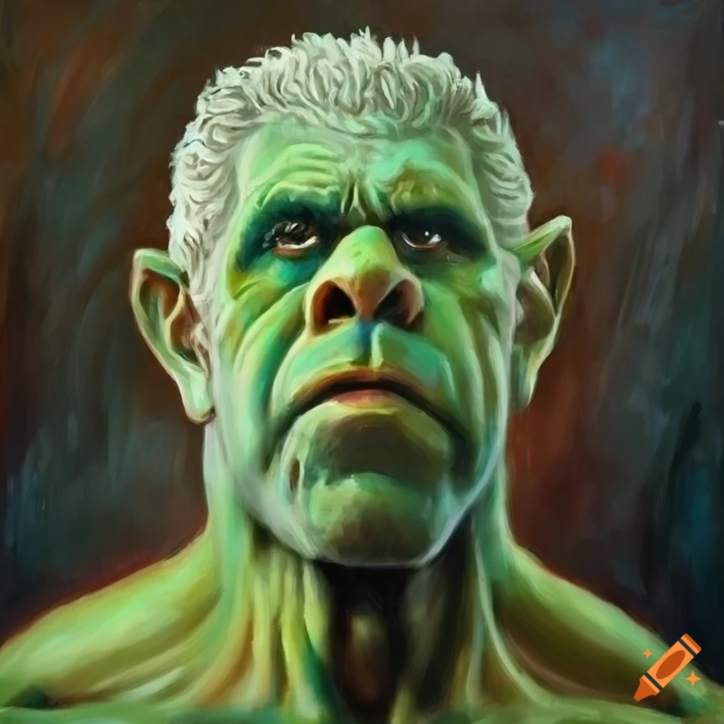 Fantasy portrait of a grumpy ogre with green skin in oil painting on Craiyon