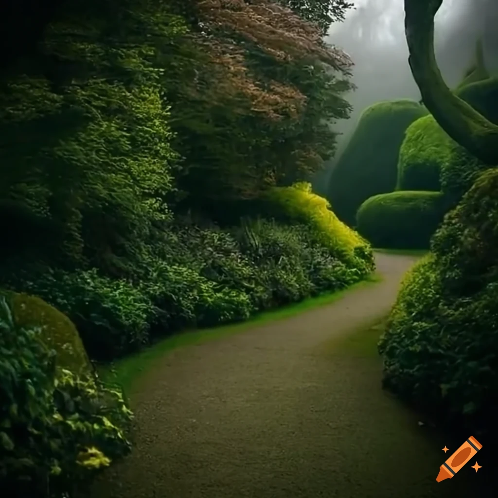 Winding stone path from victorian garden to spooky forest and misty ...