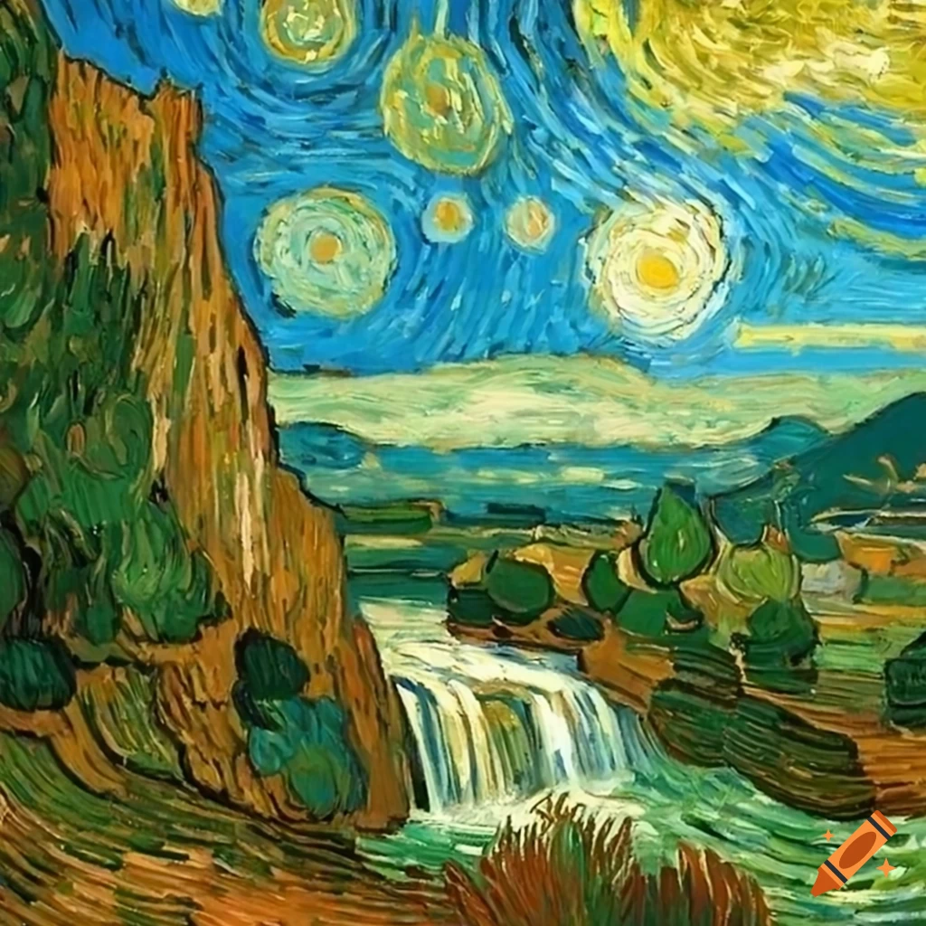 Vincent Van Gogh painting of a majestic sky, verdant valley, river ...