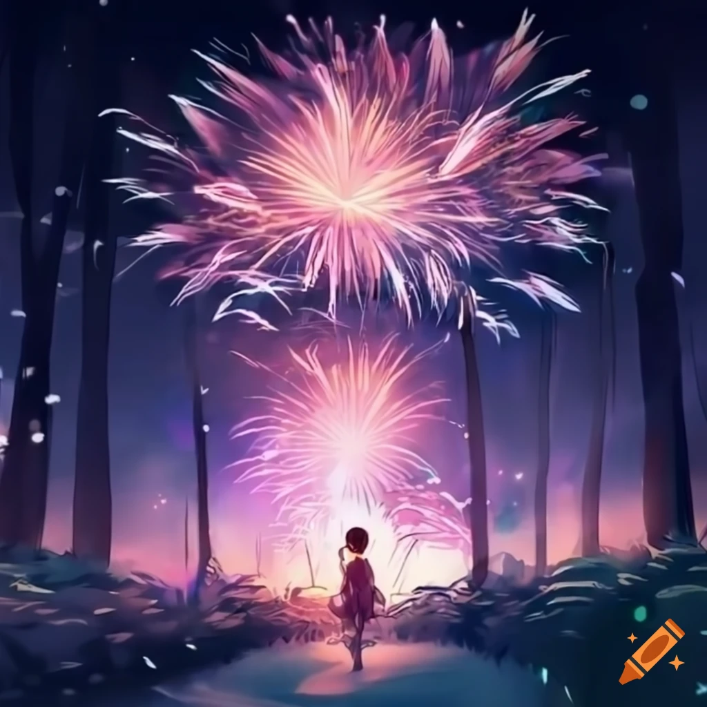 Anime style frieren watching new year fireworks in the forest on Craiyon