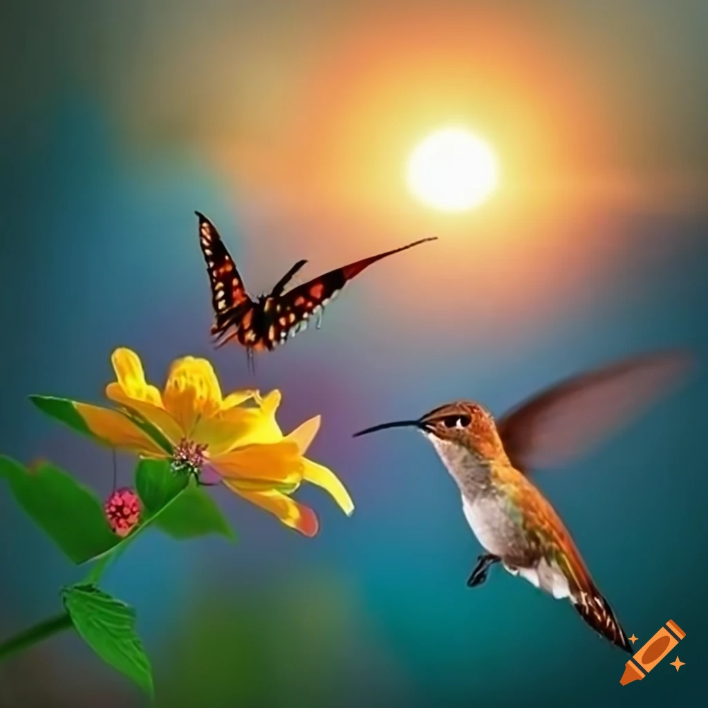 Butterflies and hummingbirds amidst flowers with sunrise and a banner ...
