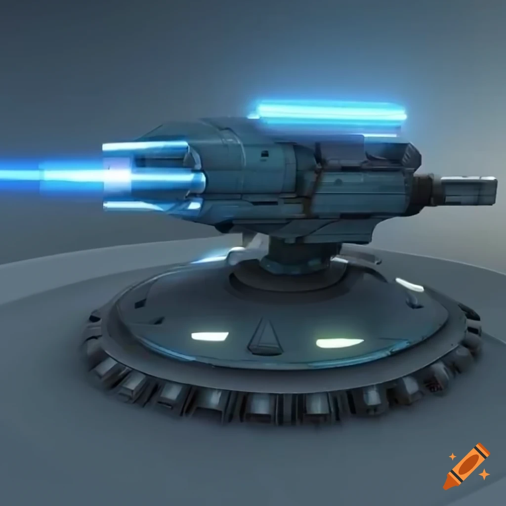 Highly detailed spaceship laser cannon turret on a base on Craiyon