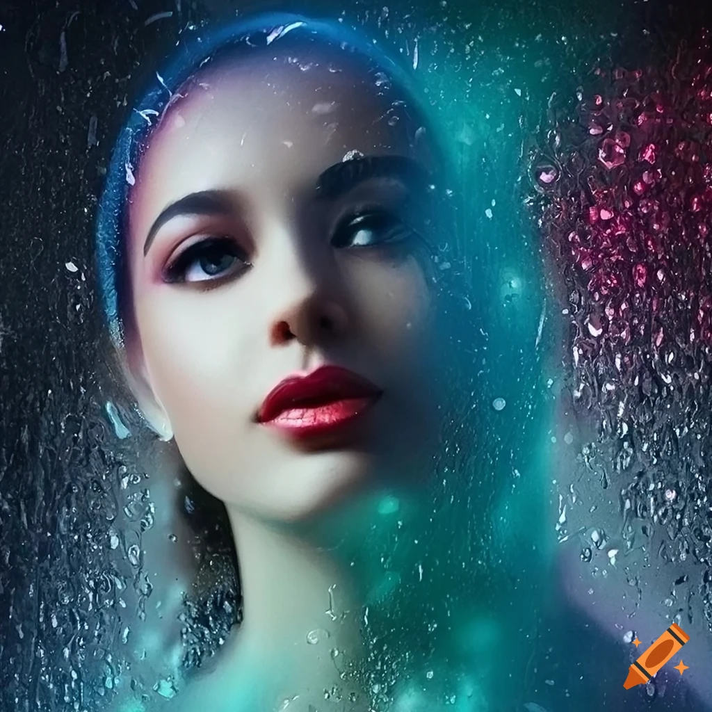Hyperrealistic illustration of a woman behind a rain-covered window on ...