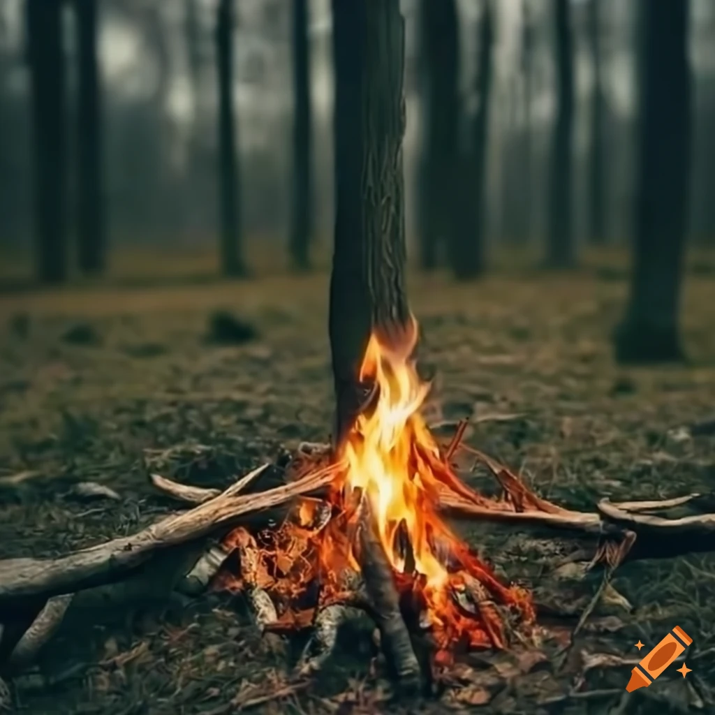 Small camp fire in a medieval rpg fantasy forest on Craiyon