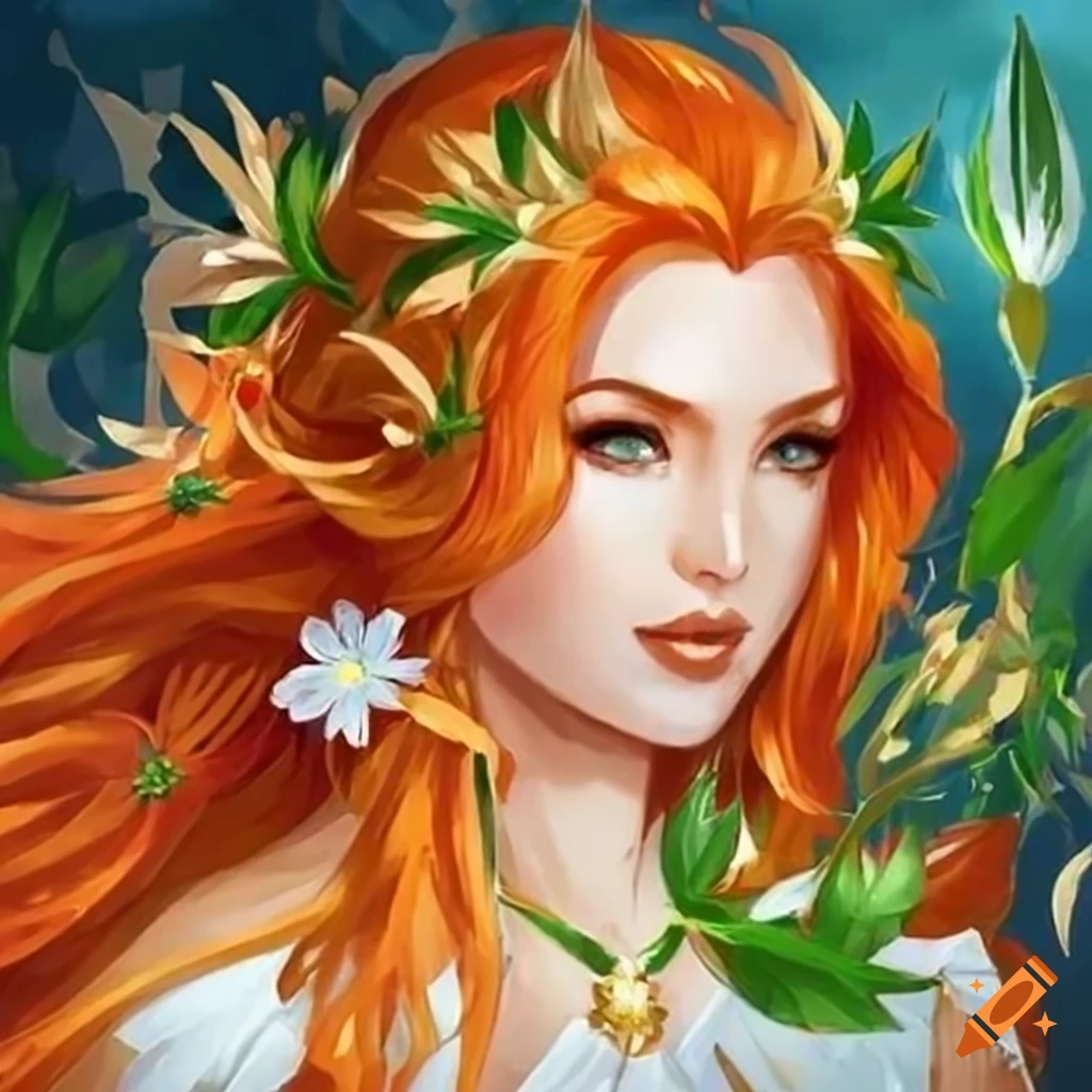 Queen of plants with long orange hair and magical white dress, concept ...