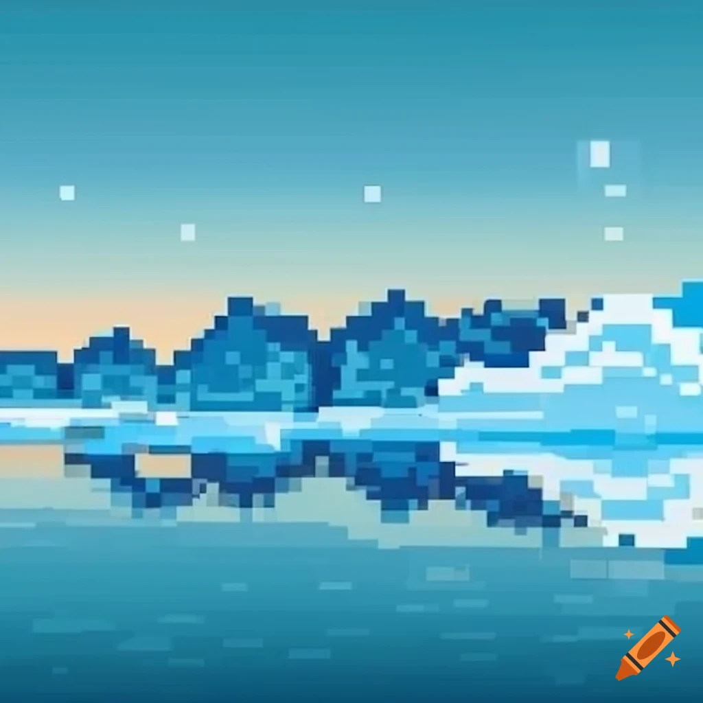 Pixel art penguin in arctic surroundings with glaciers and polar lights ...
