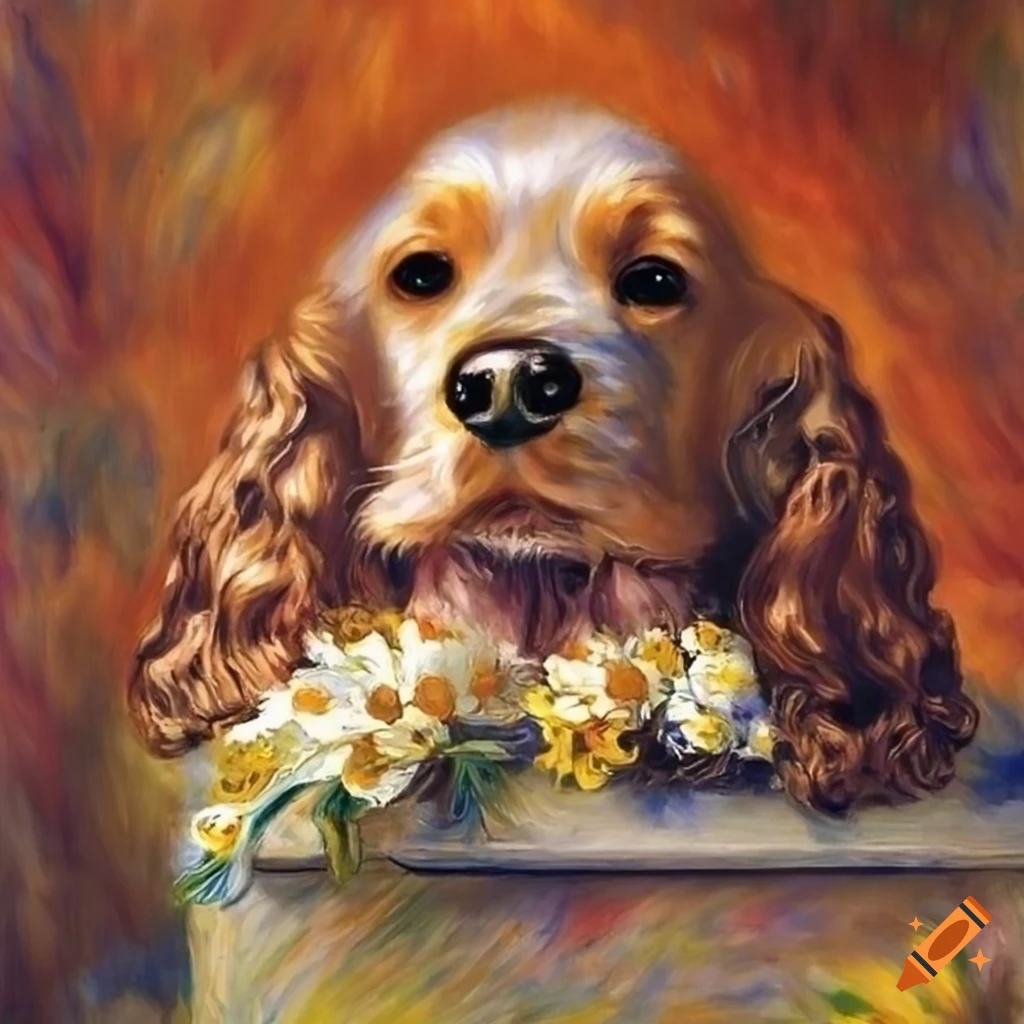 Cocker spaniel in a box with flowers in the style of renoir on Craiyon