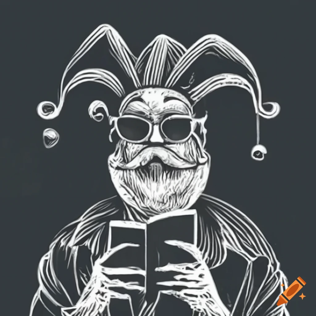 Jester with sunglasses and beard reading a book in monochrome linocut ...
