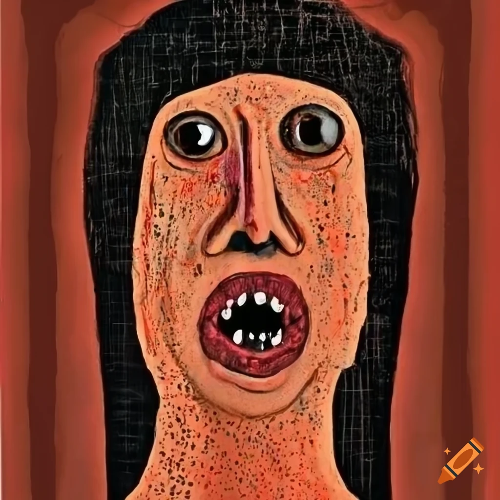 Poster with weird face in the style of art brut on Craiyon