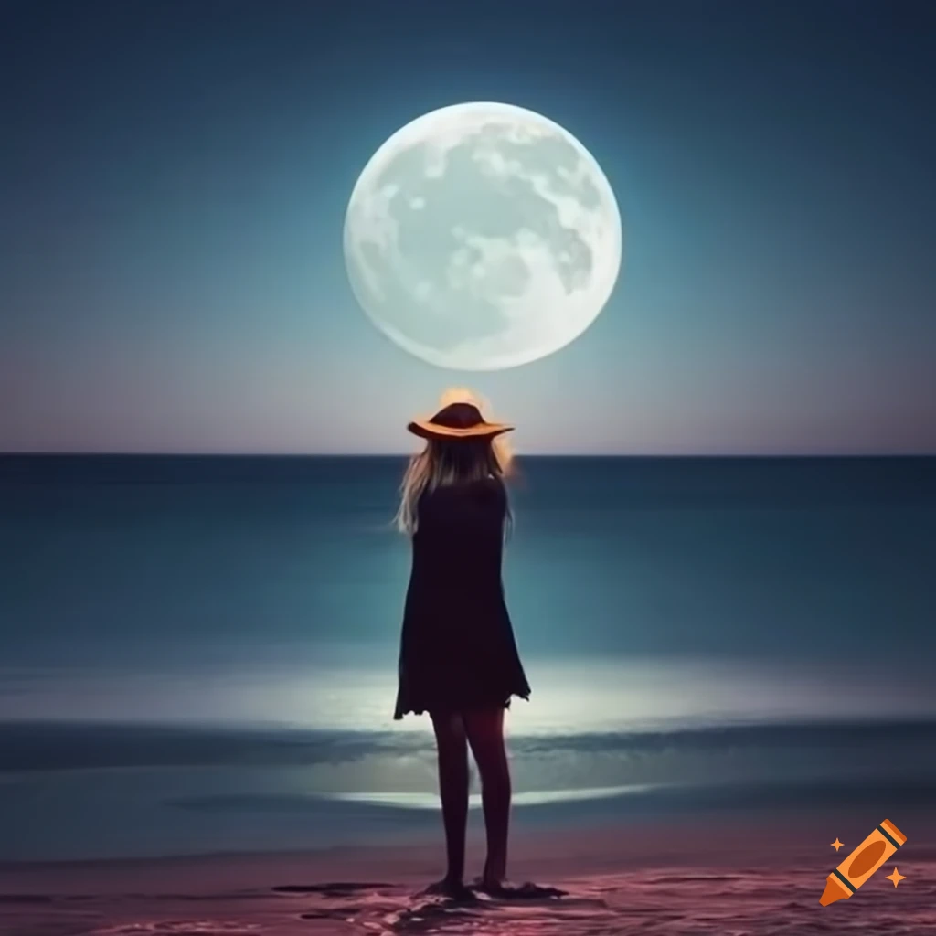 Girl with hat standing on beach in a full moon night on Craiyon
