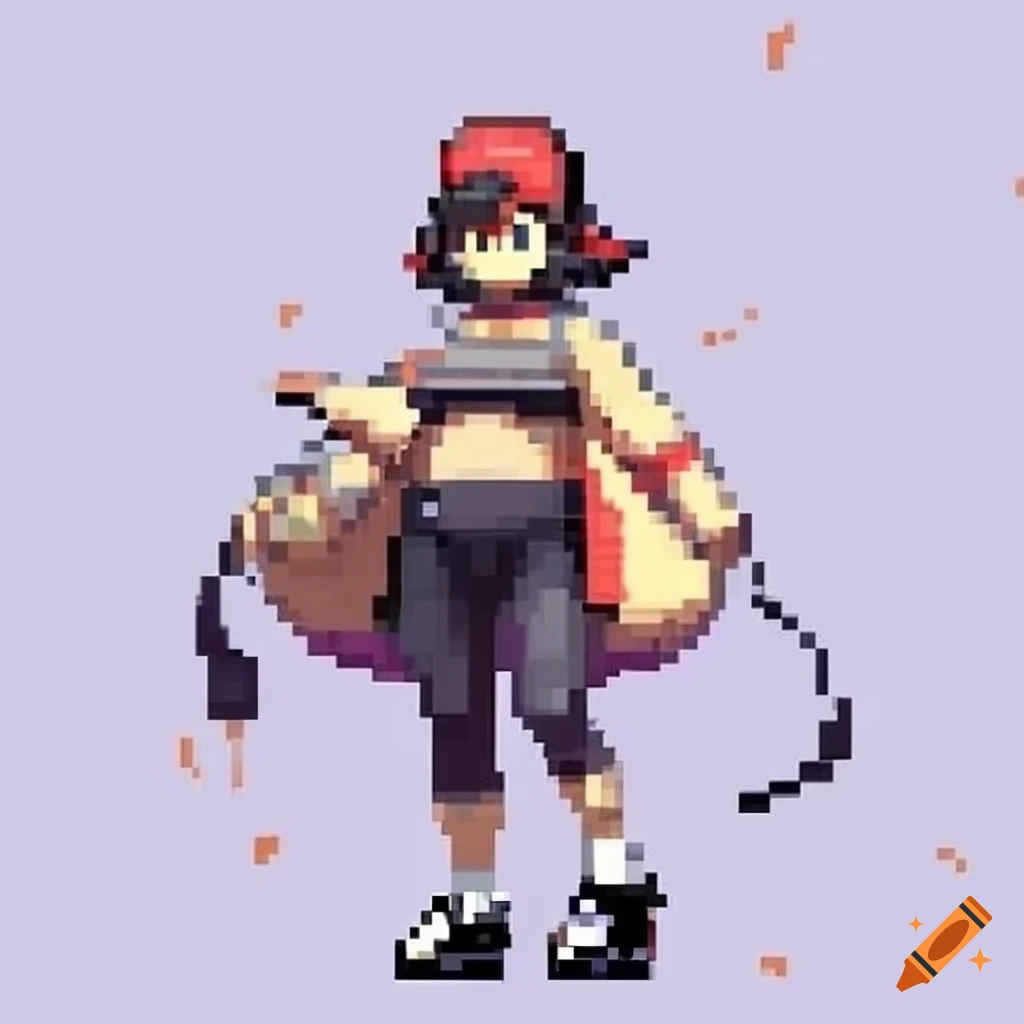 Full body pixel art of a female pokemon trainer in anime style on Craiyon