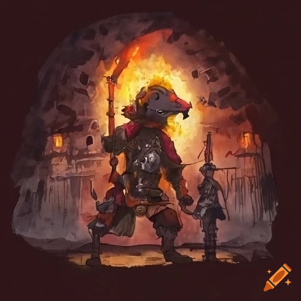 Highly detailed watercolor of 80's anime fantasy showing army of anthro ...