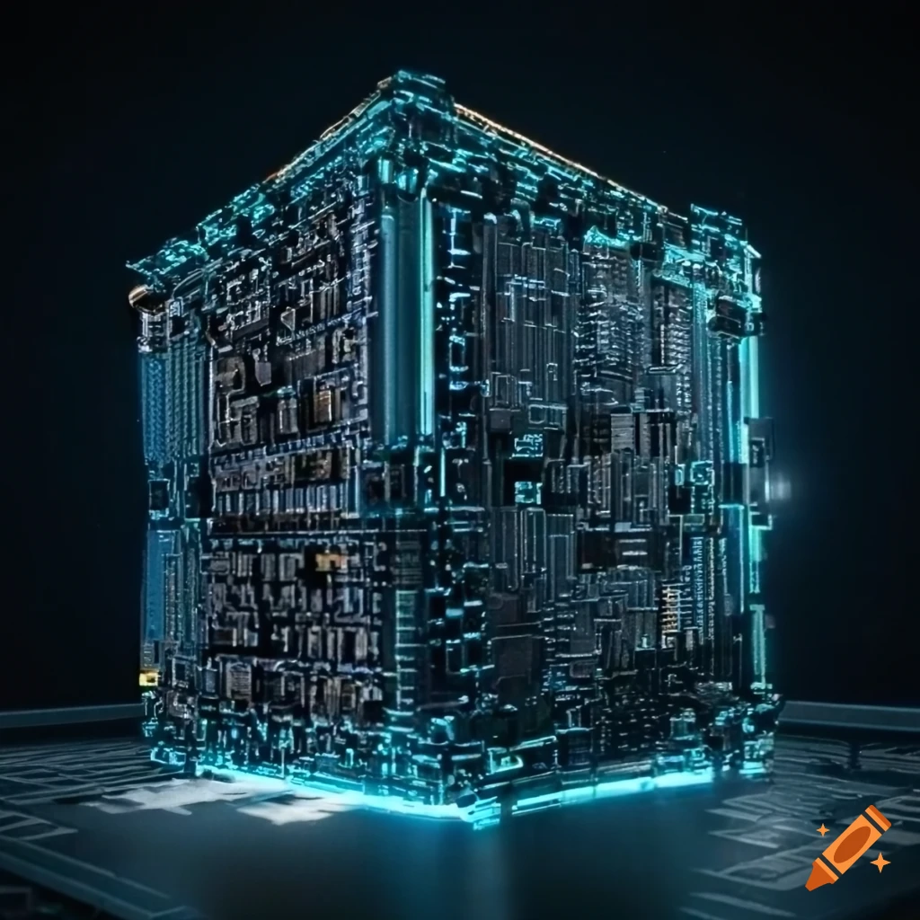 Processor cube with wires in a science fiction setting on Craiyon