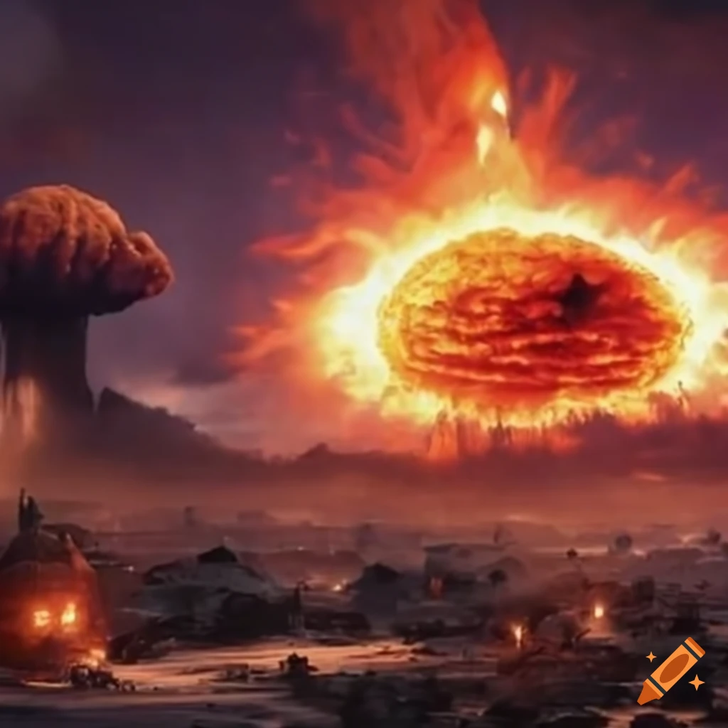 Phoenix rising from nuclear sun explosion in fantasy village on Craiyon