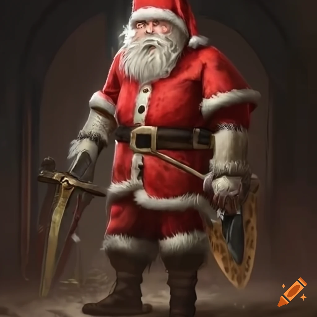 Santa in leopard skin with armor and shield on Craiyon