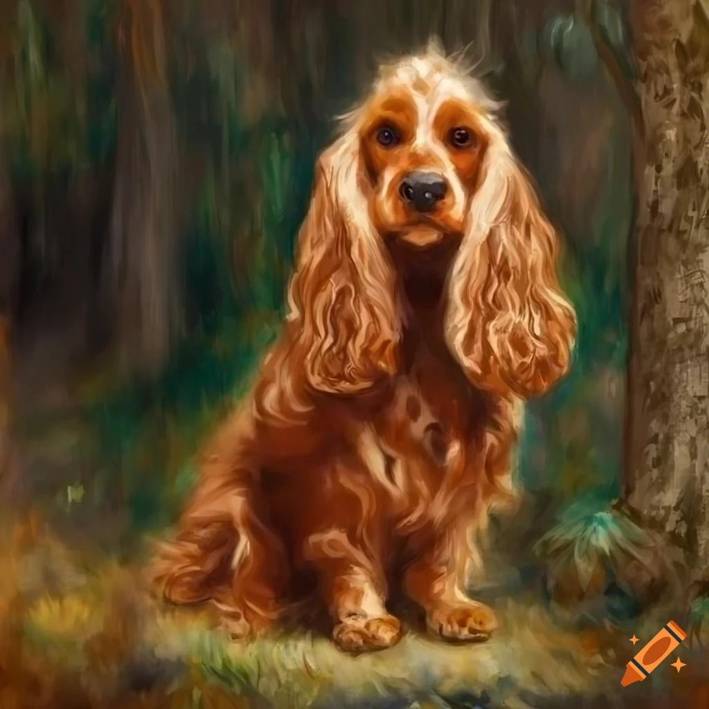 Fluffy cocker spaniel in a forest, in the style of renoir on Craiyon