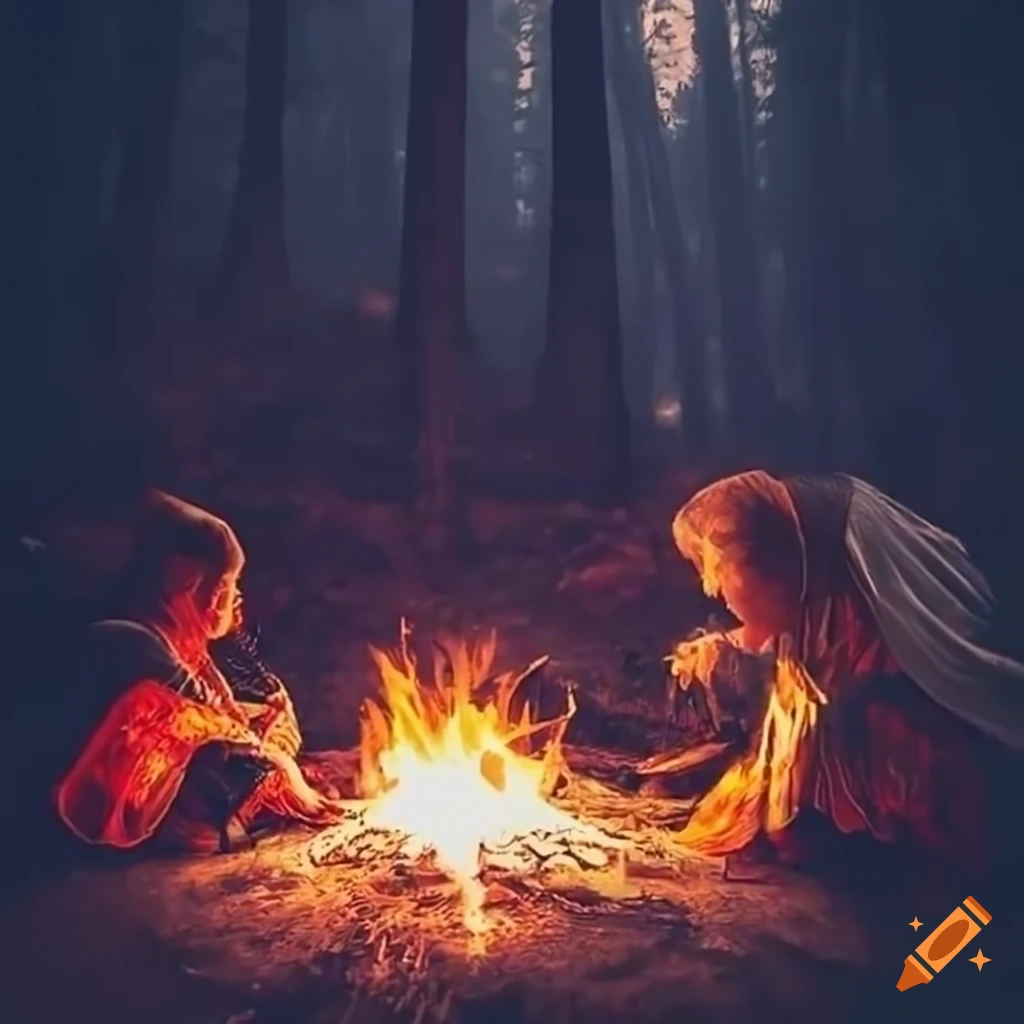 Small camp fire in an epic medieval rpg magical forest on Craiyon