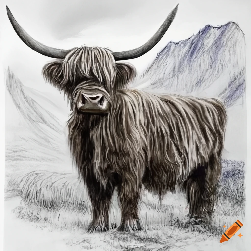 Pencil drawing of highland cow in front of ben nevis on Craiyon