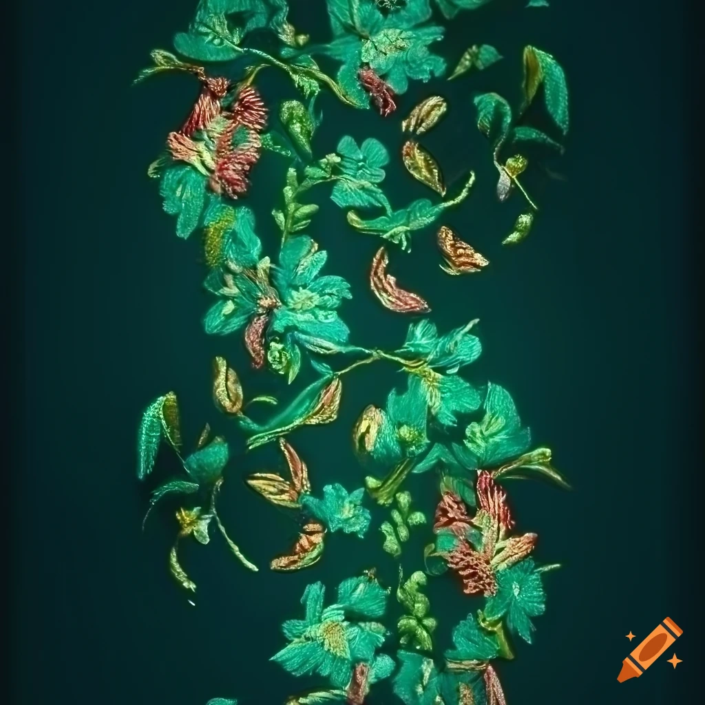 High resolution embroidered green vines and flowers on dark contrasting ...