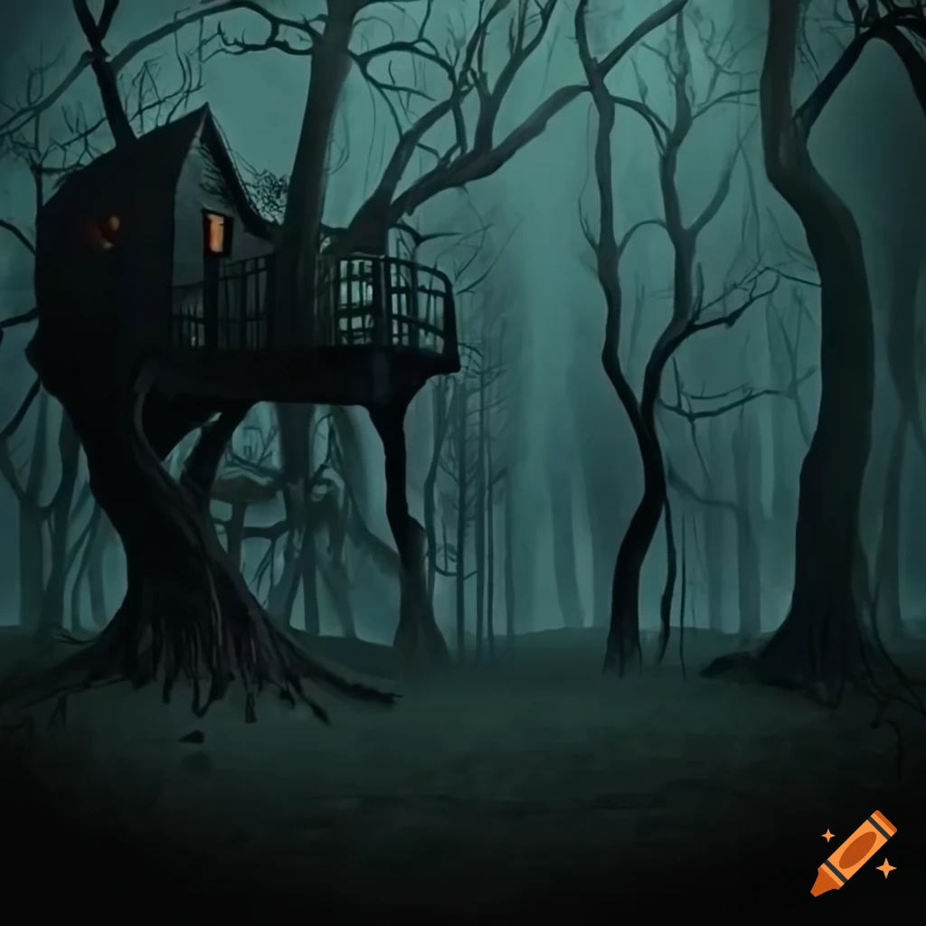 Scary tree house at night with horror vibe on Craiyon