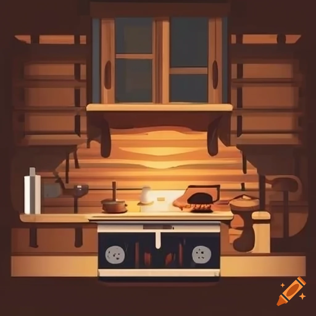 Vector style rustic cabin kitchen with oven and sink on Craiyon
