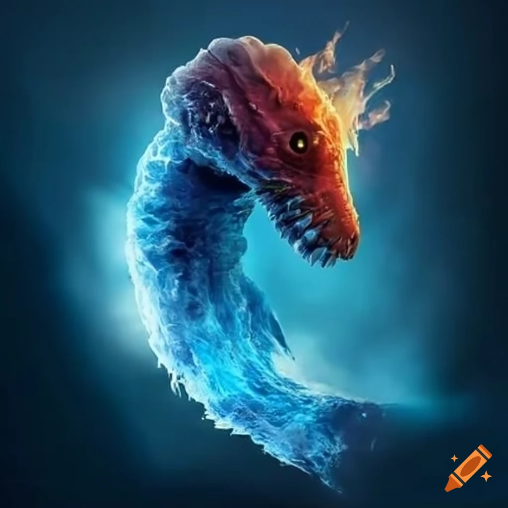 Ice planet creature looking at sky filled with fire on Craiyon