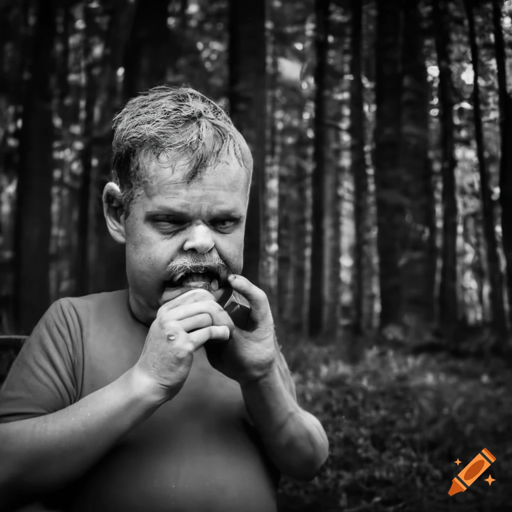 Black and white detailed photo of a man with one eye eating a toy train ...