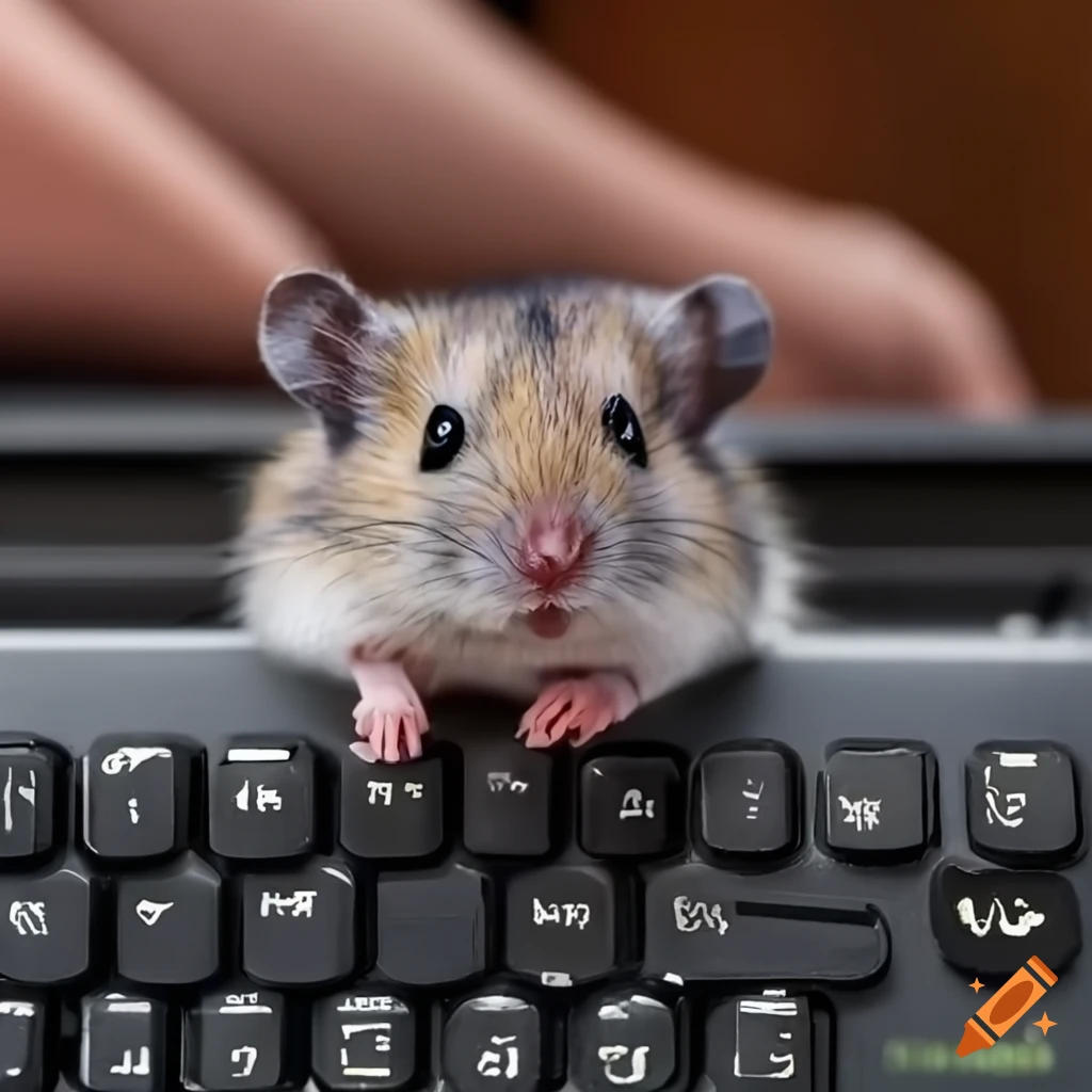 Grey hamster typing on a miniature keyboard on Craiyon
