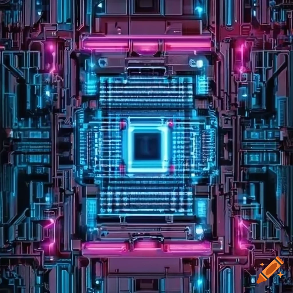 High-tech computer processor illuminated by neon lights in futuristic style on Craiyon