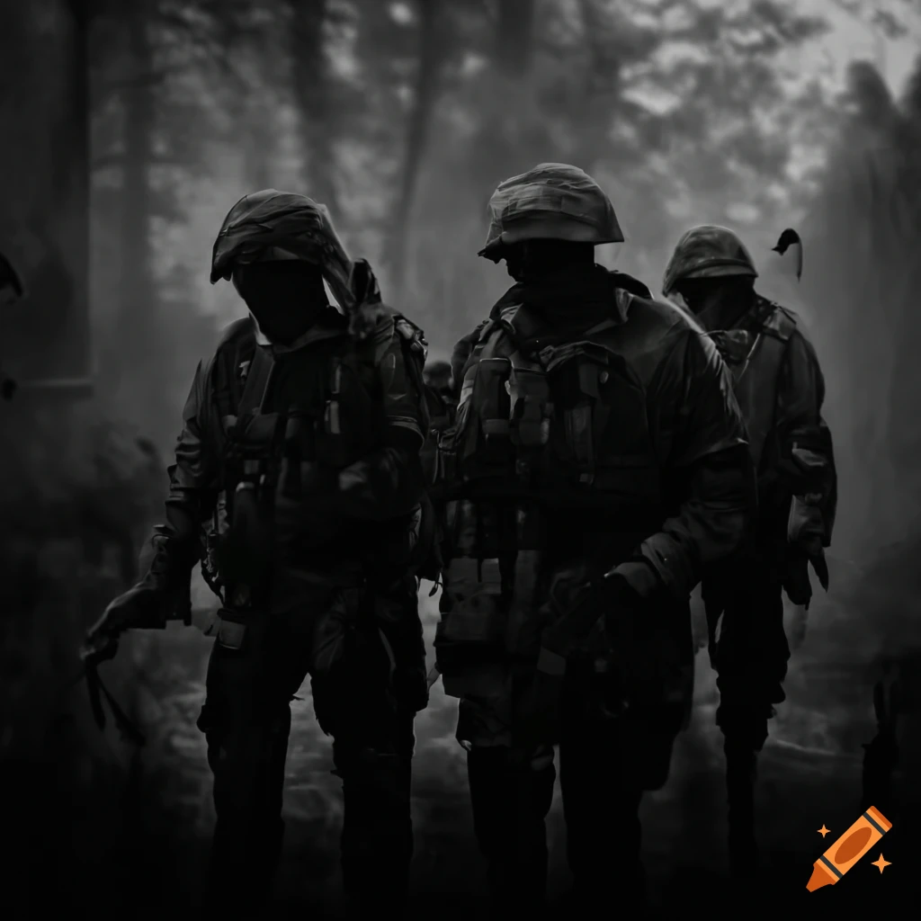 Group of soldiers in a heavy rain during squad milsim game on Craiyon