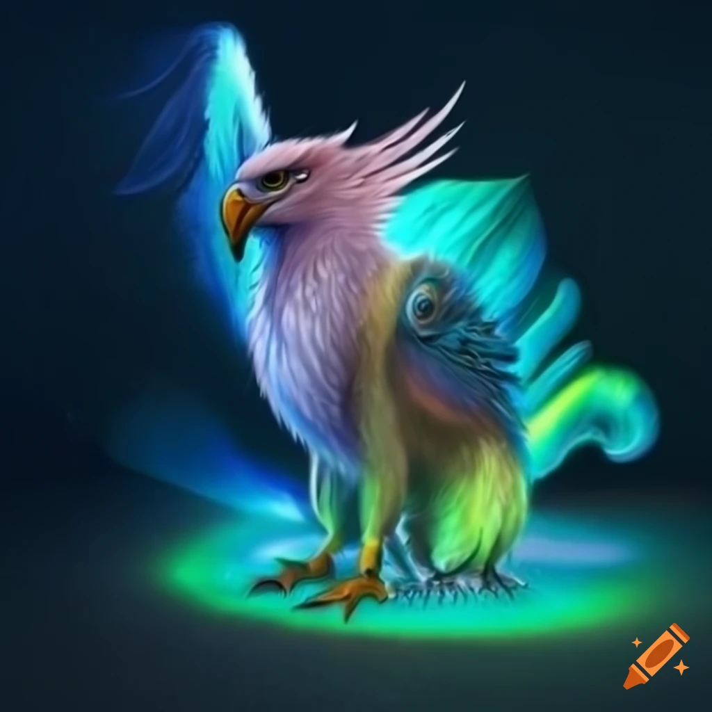 Hyper realistic 3d art of a cute gryphon with a colorful aurora ...