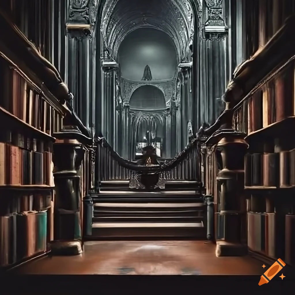 Dark library with books on Craiyon