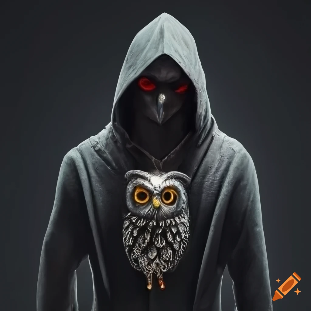 Person wearing a black hood and a silver owl mask on Craiyon