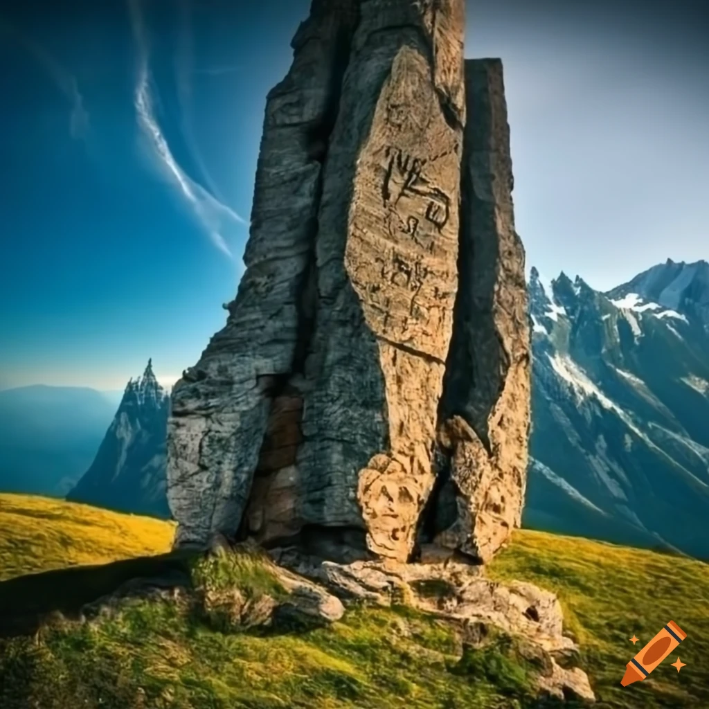 Spruce wood in the alps with a limestone rock inscribed in ancient ...