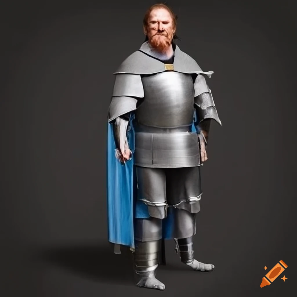 Full body portrait of person wearing medieval splint armor and blue ...