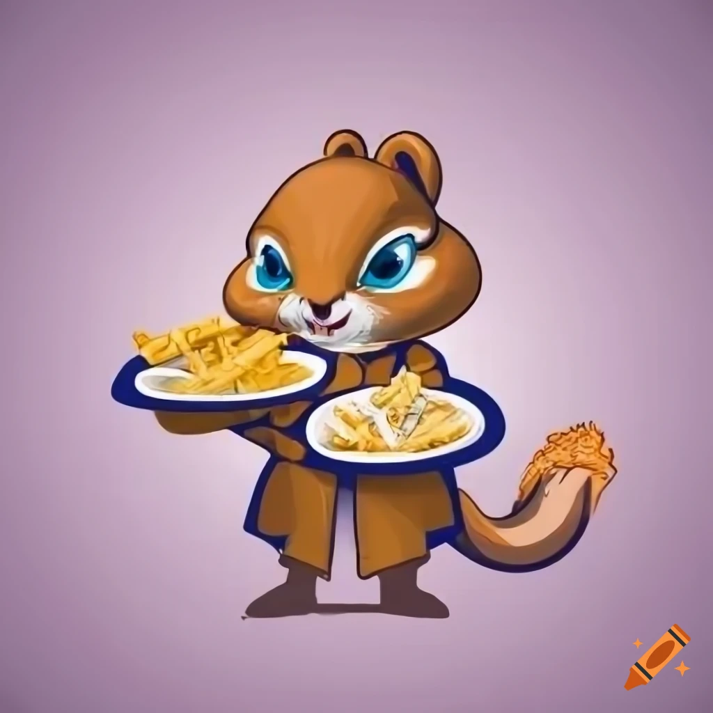 Anthropomorphic chipmunk in monk attire with a plate of fish and chips ...